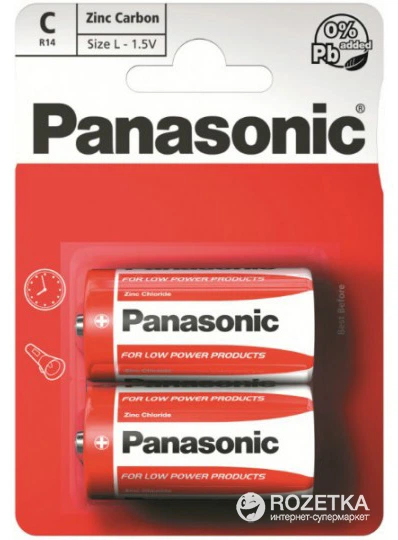 Батарейки Panasonic Red Zink вугільно-цинкові C (R14) блістер, 2 шт ...