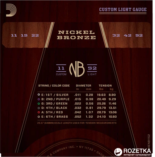 Струни для акустичних гітар D'Addario NB1152 Nickel Bronze Custom Light ...