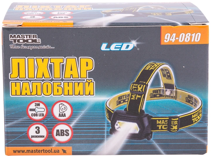 Ліхтар налобний з регулюванням нахилу Mastertool 3 режими, 75 х 46 х 29 мм, COB LED, 3 x AAA ...