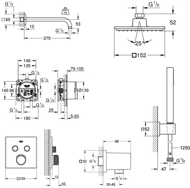 Душевая система скрытый монтаж с термостатом GROHE Smartcontrol Cube 23409SC0 (35600000+29124000 ...