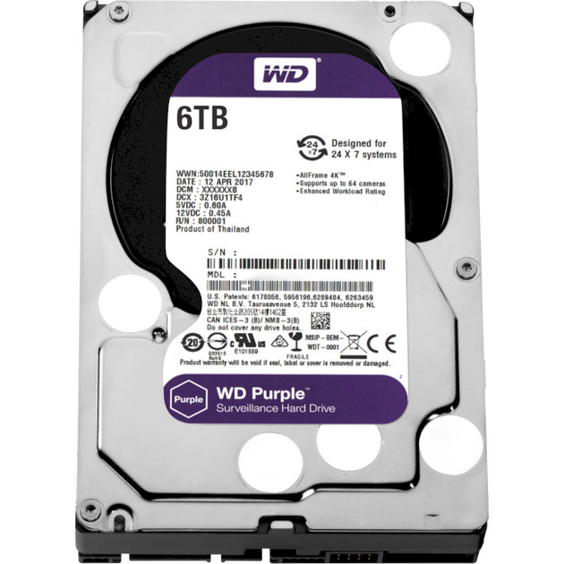 Жесткий диск 3.5" 6Tb Western Digital Purple, SATA3, 128Mb, 5400 rpm ...