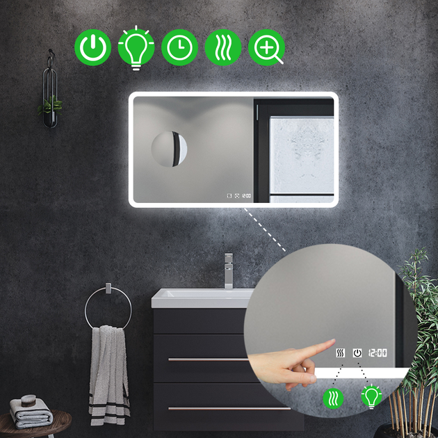 LED-зеркало 120x100см, с двумя сенсорами, часами, подогревом и линзой ...