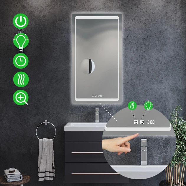LED-дзеркало 60x80см, з двома сенсорами, годинником, підігрівом та ...