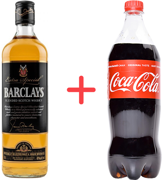 Виски Barclays Blended 0.7 л 40%+ Безалкогольный напиток Coca-Cola 1 л ...