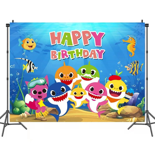 Баннер виниловый для фотозоны Акулята Happy Bithday 100х150см – фото ...