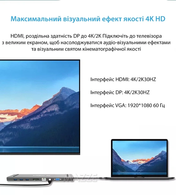 USB-хаб 10-в-1 Type-C to HDMI + VGA + Mini DP + mini jack 3.5 mm + RJ45 ...