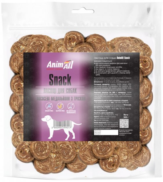 Лакомство AnimAll Snack лососевые медальоны с треской для собак 500 г ...