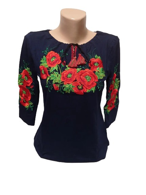 Женская блузка с вышивкой маков и рукавом 3/4 Украина УкраинаТД темно ...