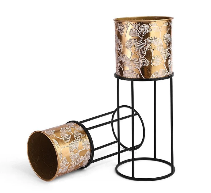 Кашпо для квітів з металу на підставці Гінкго золоте 2шт Гранд Презент 91087 фото отзывы