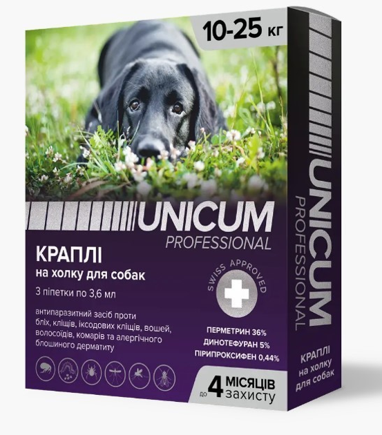 Капли от блох и клещей на холку для собак Unicum PRO 10-25 кг ...