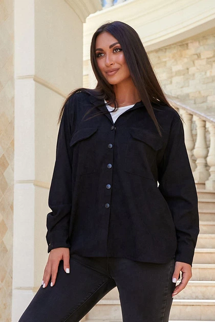 Женская рубашка на кнопках из микро вельвета 79745 2XL-3XL (56-58) Чёрная – Брендовая одежда ...