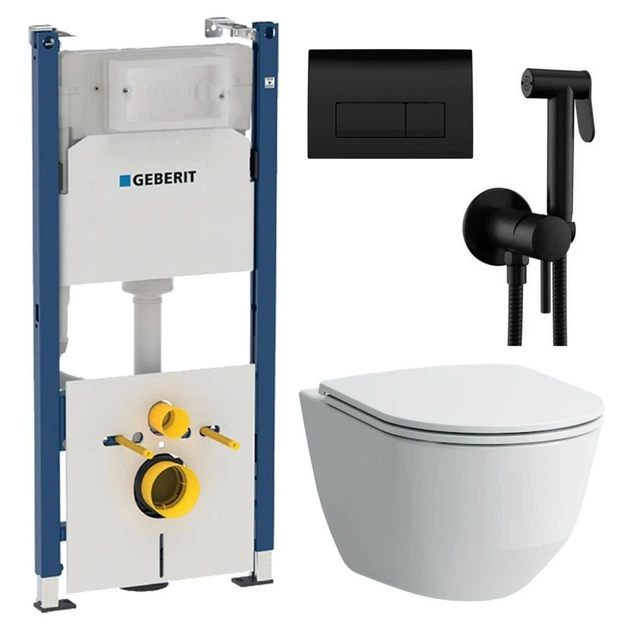 Комплект инсталляции GEBERIT Duofix/Pro кнопка черная безободковый унитаз LAUFEN с крышкой ...