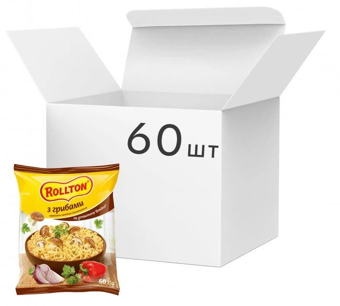 Упаковка вермишели быстрого приготовления Rollton на домашнем бульоне с грибами 60 г х 60 шт ...