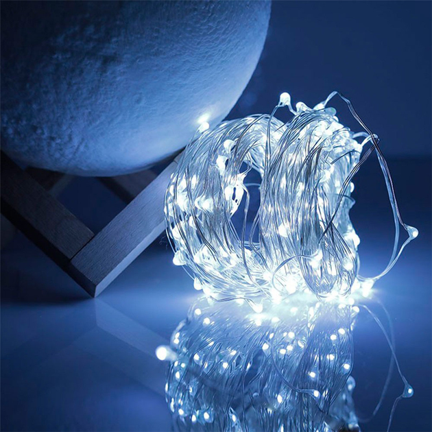 Гирлянда нить светодиодная роса 100 LED 10м от батареек холодный белый ...