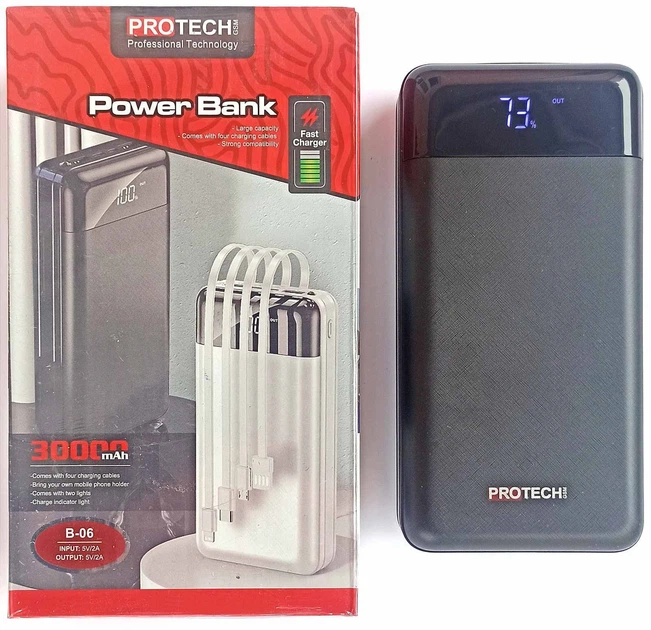 Павербанк ProTech B-06 30000 mAh 2A Fast Charge 2xUSB, 4 кабеля lightning, Type-C, MicroUSB, USB ...