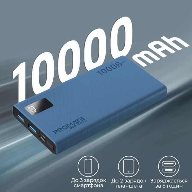 УМБ Promate Bolt-10Pro 10000 mAh 2xUSB-A USB-C Blue (bolt-10pro.blue ...