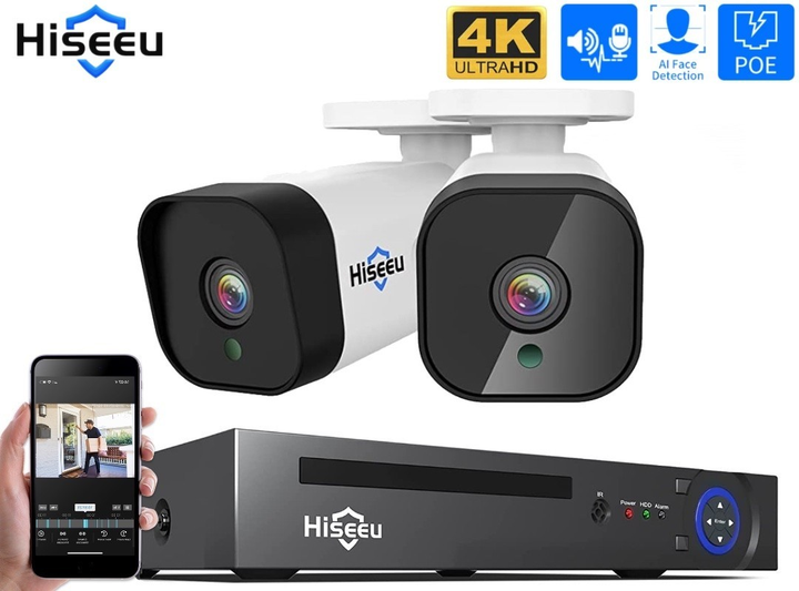 Комплект IP видеонаблюдения Hiseeu 8мп POE на 2 камеры + PoE ...