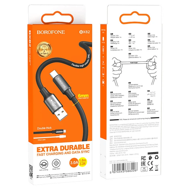 Кабель зарядки BOROFONE BX82 (3A) (1M) для телефона USB Type-C Android Чорний – фото, отзывы ...