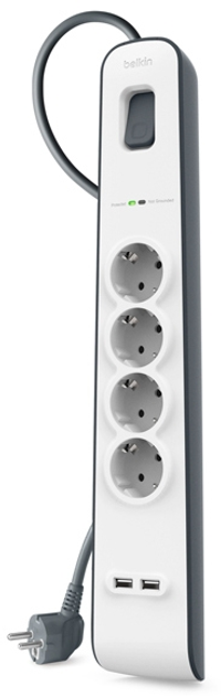 Сетевой фильтр Belkin 4 роз., 2xUSB 2.4A, 525 Дж, UL 500 В, 2 m Cable ...