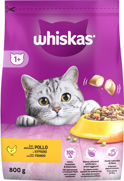 Сухой корм для взрослых кошек Whiskas с курицей 800 г (5998749144367 ...