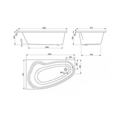 Ванна кутова Devit Aurora 150x90 права, з ніжками та кріпленням – фото, отзывы, характеристики в ...