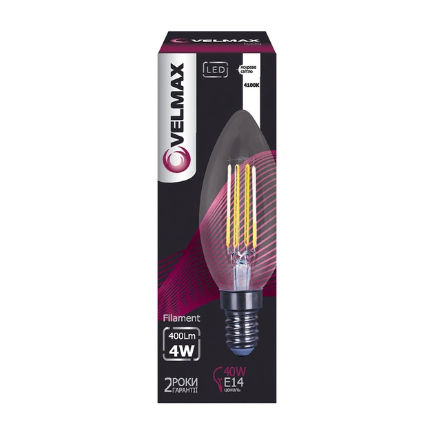 Светодиодная ретро лампа 4W свеча VELMAX LED V-Filament-C37 E14 4100K ...