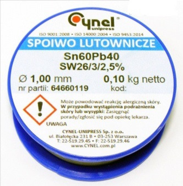 Припой ПОС-60 1мм 100гр с флюсом катушка Cynel Sn60Pb40-SW26 – фото ...