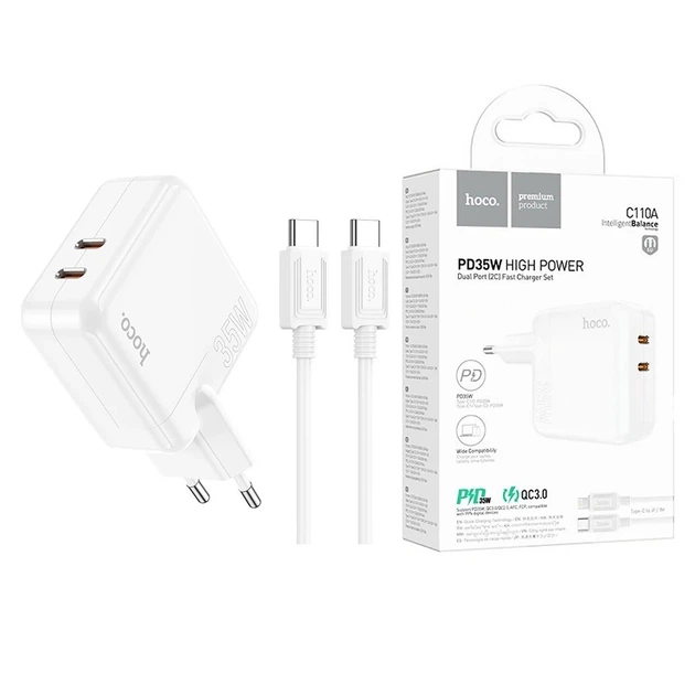 Мережевий зарядний пристрій Hoco C110A + кабель Type-C to Type-C (PD ...