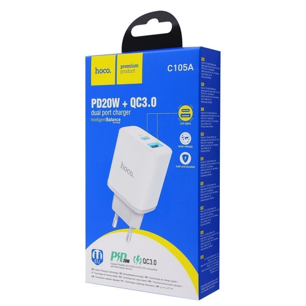 Сетевое зарядное устройство Hoco C105A Stage dual port PD20W+QC3.0 charger (EU) White – фото ...