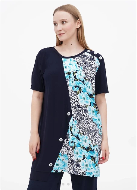 Туника трикотажная 54 темно синяя с цветной вставкой с голубыми цветами Art 000121 от продавца