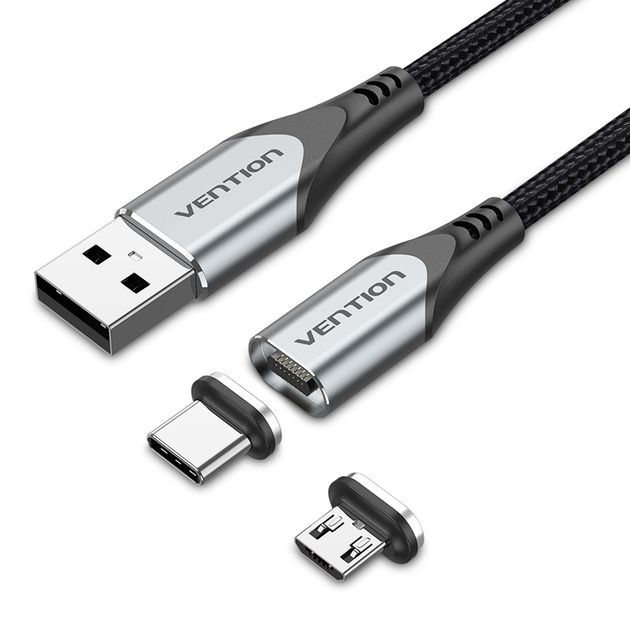 Магнитный кабель Vention 1м с двумя коннекторами Type-C и Micro-USB 3A ...