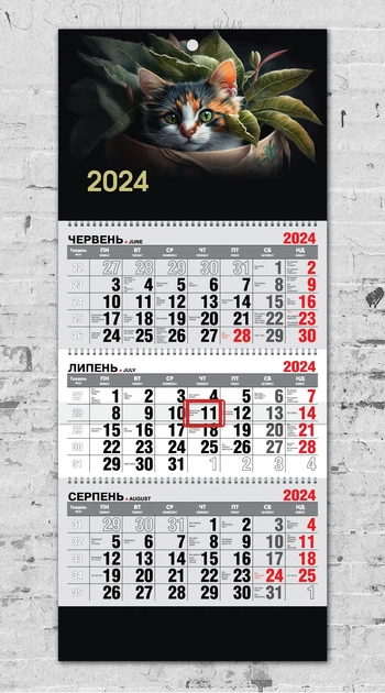 Календар настінний квартальний на 2024 рік на 3 пружини Котик №2 фото відгуки