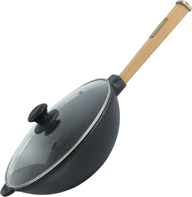 Сковорода чугунная WOK Brizoll с деревянной ручкой и стеклянной крышкой ...
