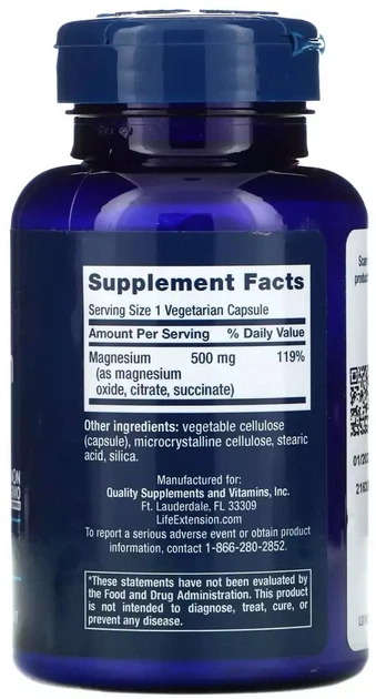 Магній, Magnesium, Life Extension, 500 мг, 100 вегетаріанських капсул ...