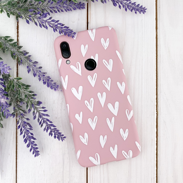 Чохол для Xiaomi Redmi 9i ніжно-рожевий матовий soft touch White hearts ...