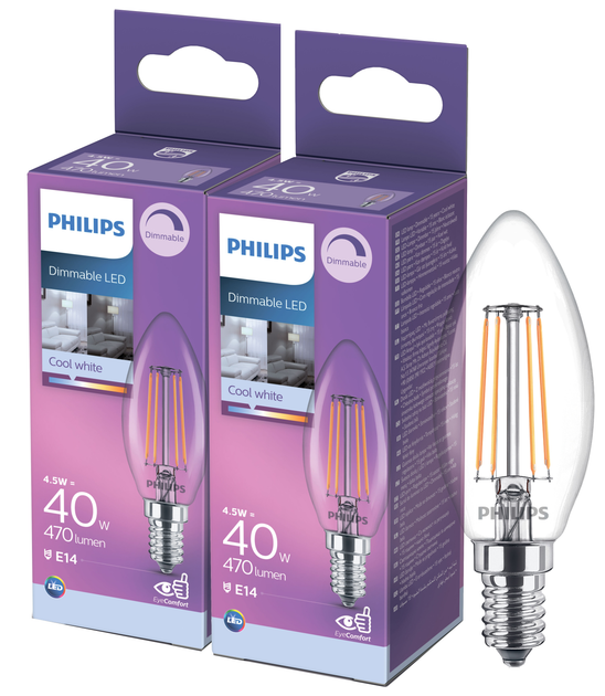 Светодиодная лампа PHILIPS Filament 4.5-40W 4000K E14 2 шт ...