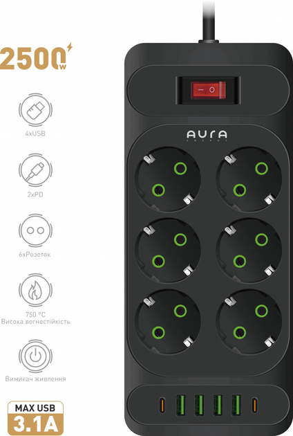 Мережевий фільтр-подовжувач Aura Energy на 6 розеток, 4 USB-A + 2 USB-C ...