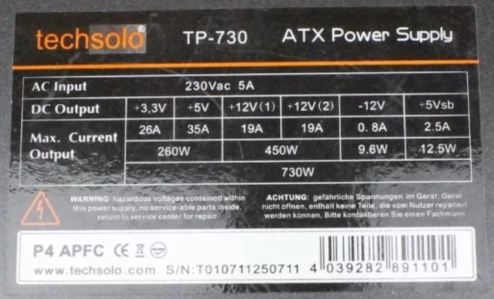 Блок питания TECH-SOLO на 730W c ACTIVE-PFC ( TP-730 ) 730W ATX Б/У – фото, отзывы ...