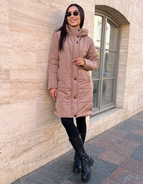 Курточка стеганная теплая удлиненная с капюшоном и карманами из плащевки 42 44 мокко No 323043