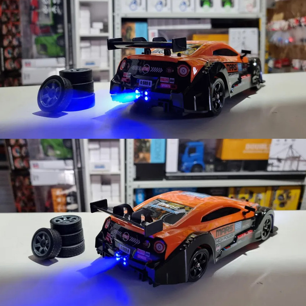 Машинка для дрифта на радиоуправлении со СВЕТОМ и ПАРОМ Nissan GT-R 4WD ...