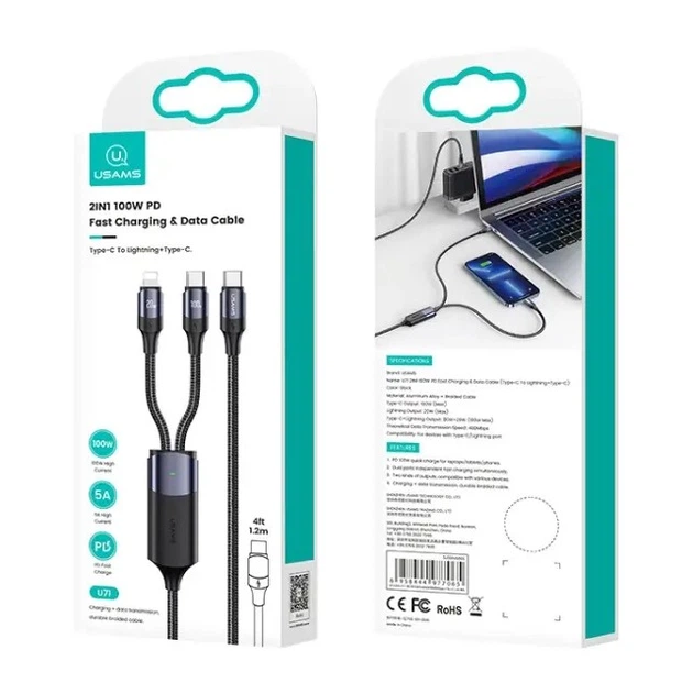 Кабель Usams US-SJ550 U71 USB Type-C - Lightning + USB Type-C (M/M), 100W, 1.2 м, Black ...