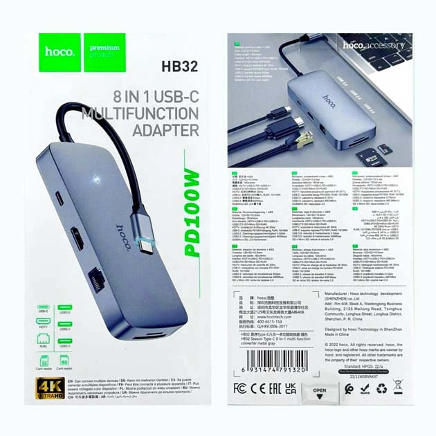 HUB HOCO HB32 8в1 Type-C to USB3.0/2 USB2.0/Type-C/HDMI/RJ45/SD/TF ...