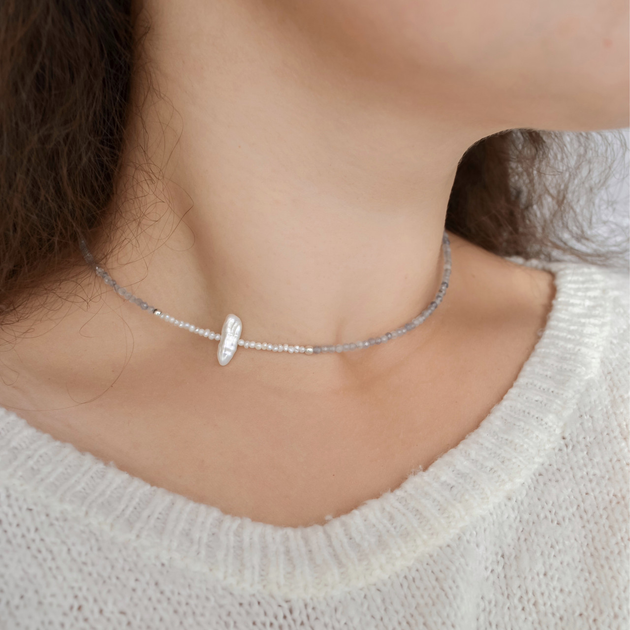 Чокер натуральный камень Лабрадор граненый + Жемчуг речной + вставки ...