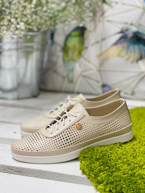 Жіночі бежеві шкіряні кеди з перфорацією Prellesta 2024-04 40 Бежевий ...