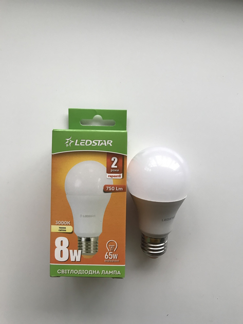 Светодиодная лед LED лампа 8вт 8W 8ватт Е27 3000К теплый желтый свет ...