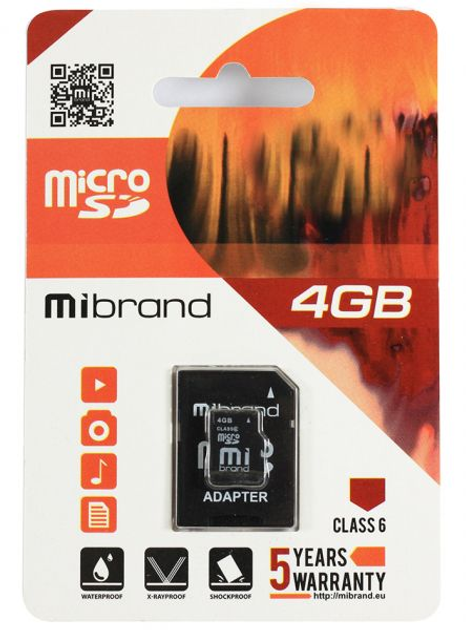 Карта памяти microSDHC, 4Gb, Class6, Mibrand, sd адаптер (micdc6/4gb-a ...
