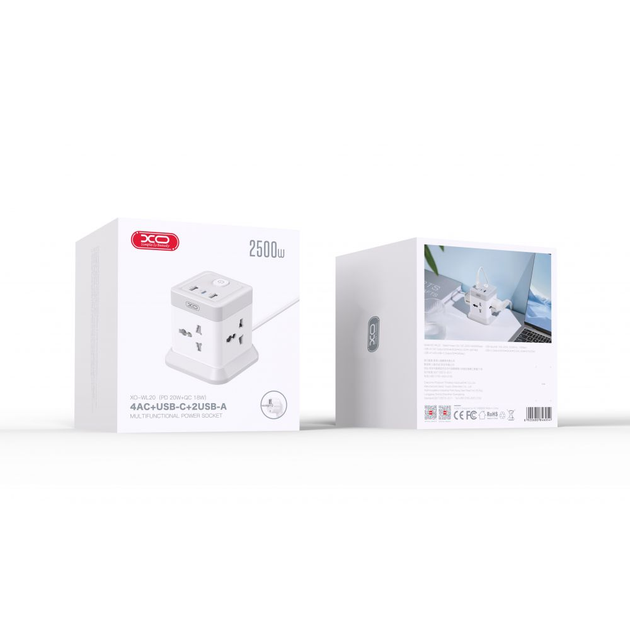 XO WL20 20W Square Socket 4AC USB A 1USB C PD QC 2m i ROZETKA Strawberries Gadgets