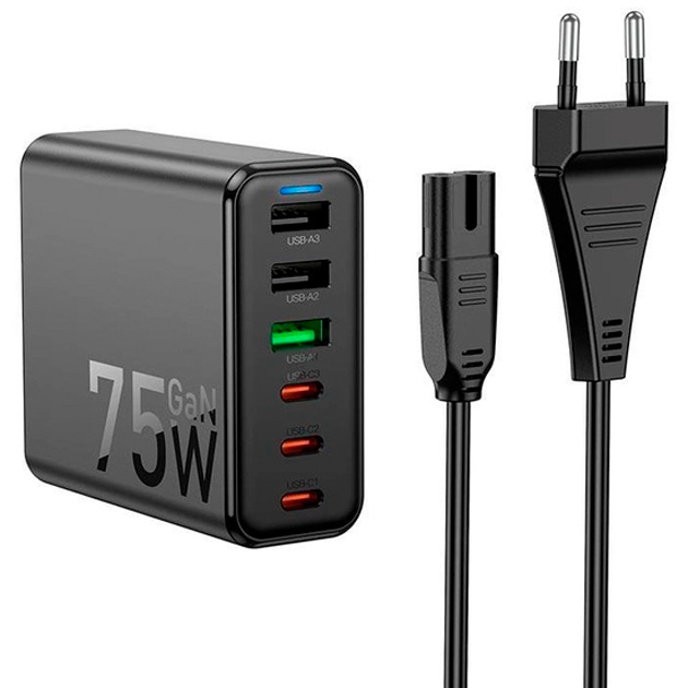 Зарядне мережеве Hoco C133A 3хUSB/3хType-C PD75W+ QC3.0 адаптер швидка ...