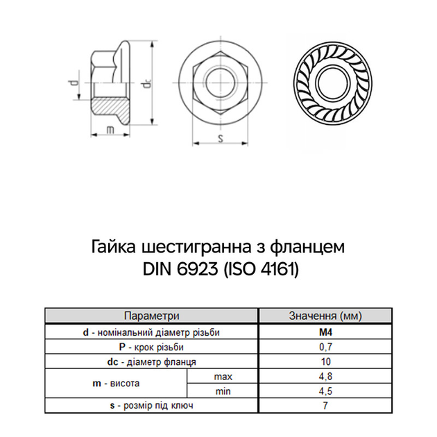 Гайка с фланцем зубчатая М4 DIN6923 сталь 6 шаг 0,7 под ключ 7мм цинк ...