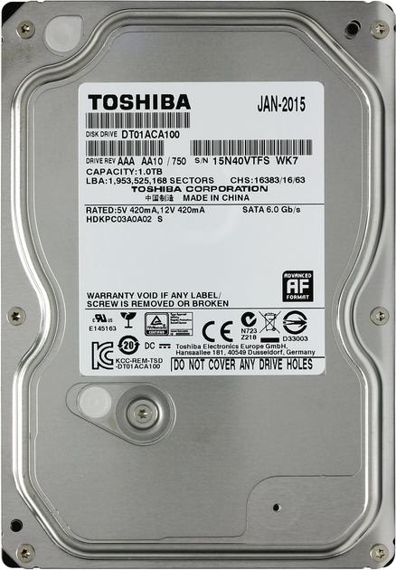 Жесткий диск Toshiba 1ТБ 7200об/м 32МБ 3.5" SATA III (DT01ACA100 ...